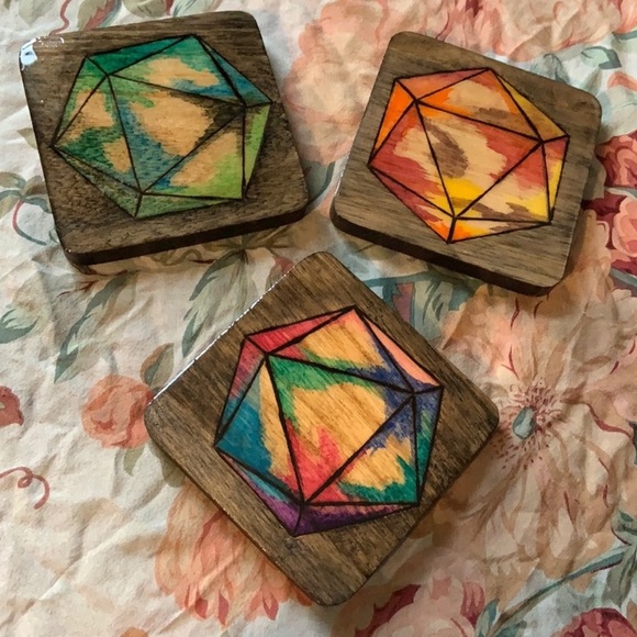 Dining | New Coaster Set Watercolor D2 Design 3pcs Dnd Rpg Dice Art ...